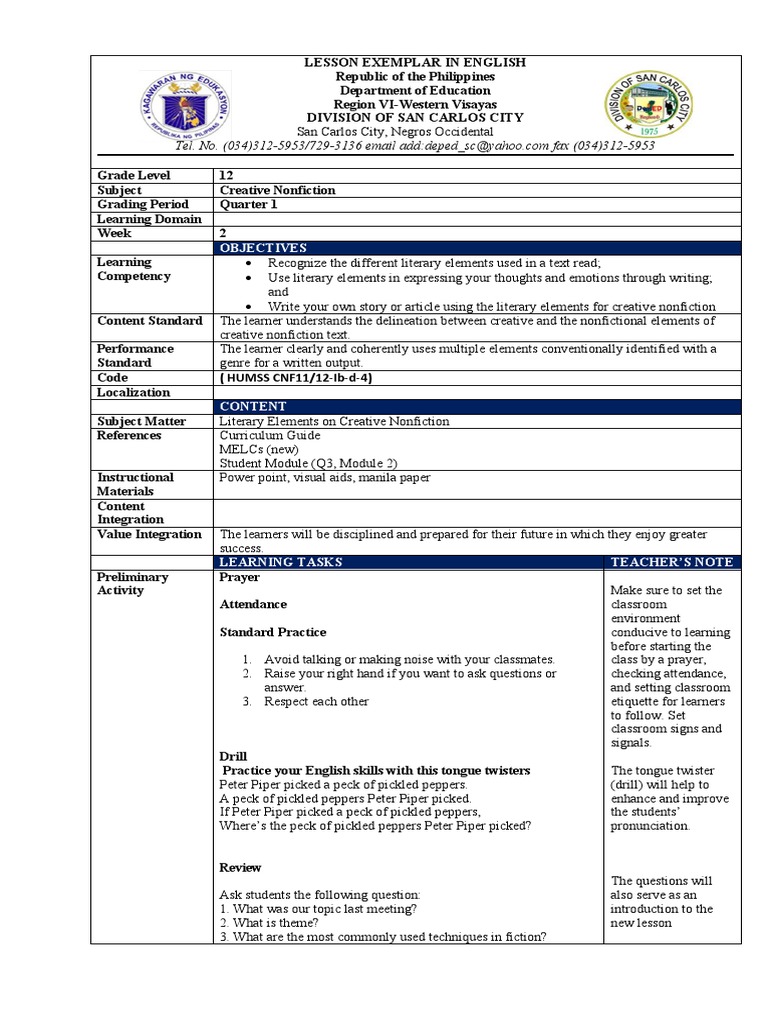 LESSON EXEMPLAR: CREATIVE NONFICTION: Literary-Elements | PDF | Little ...