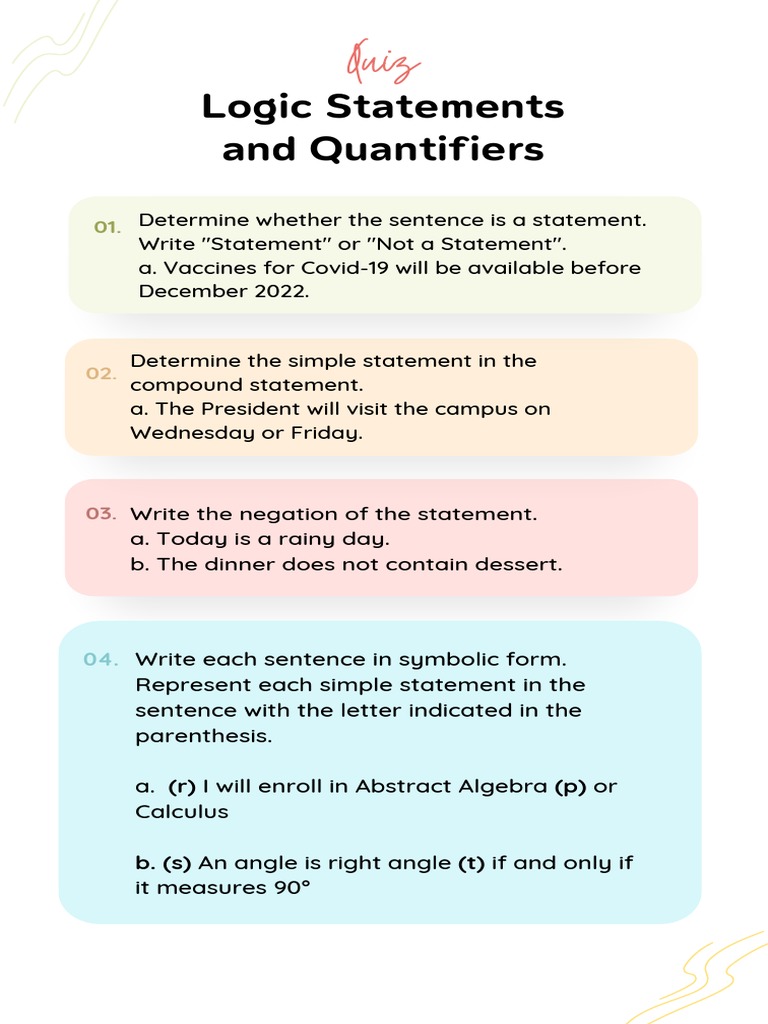Logic Statements and Quantifiers Quiz and Answer Key | PDF | Syntax (Logic) | Mathematical Logic