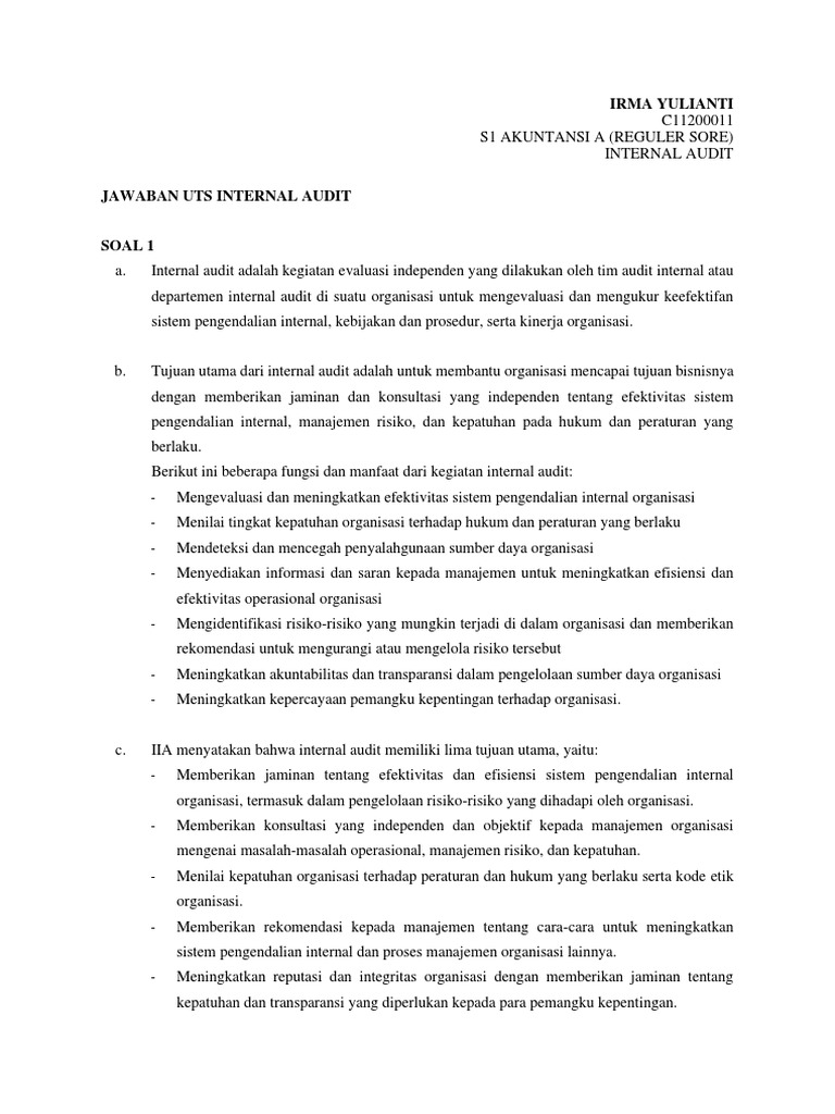 Irma Yulianti - Internal Audit - Akuntansi A Sore - UTS | PDF | Karier & Perkembangan | Bisnis