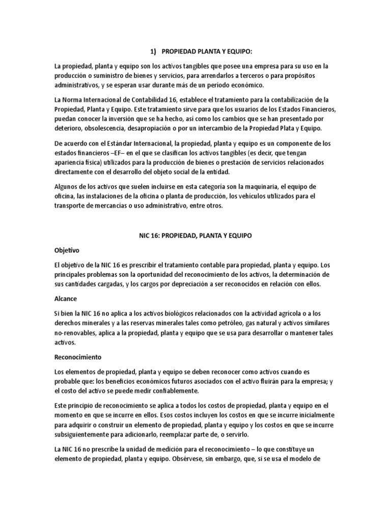 Propiedad Planta y Equipo, Propiedades de Inversion, Activos ...