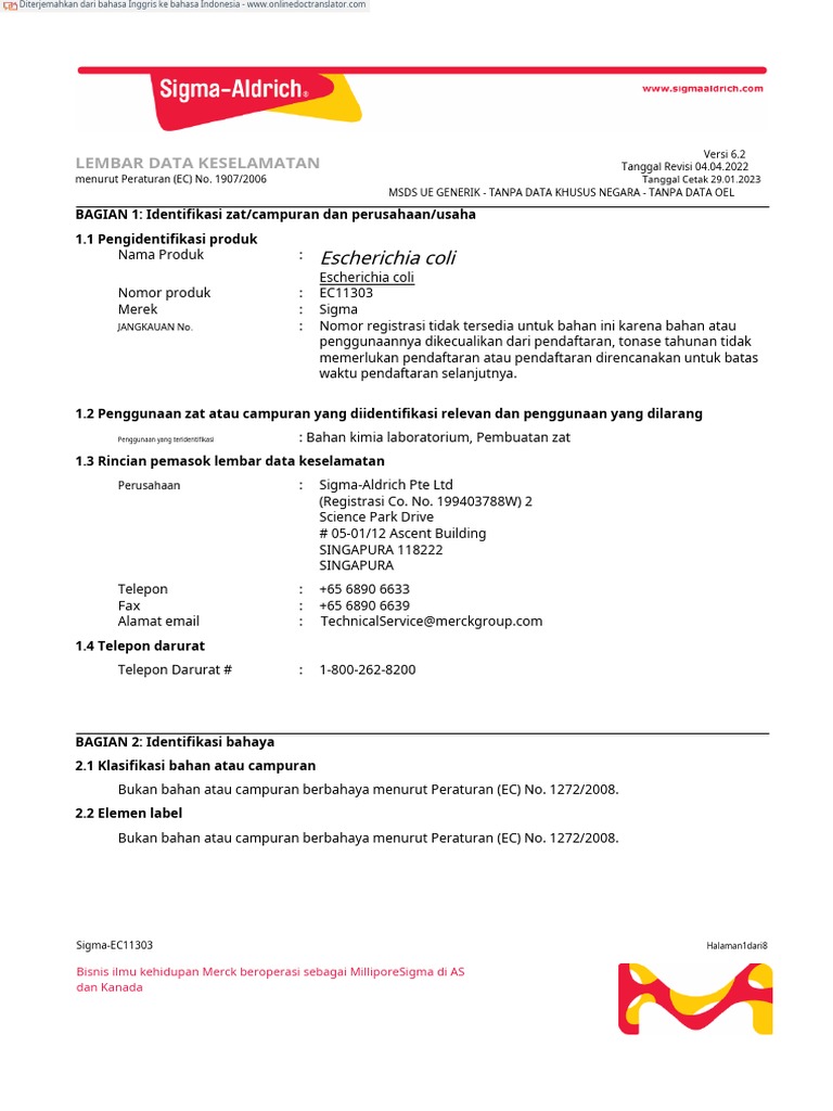 Msds e Coli - En.id | PDF | Teknologi & Rekayasa
