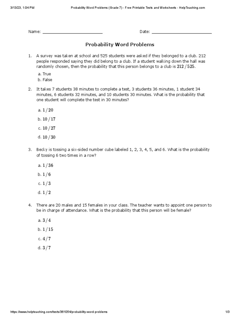 7th Grade Probability Word Problems | PDF | Probability And Statistics ...