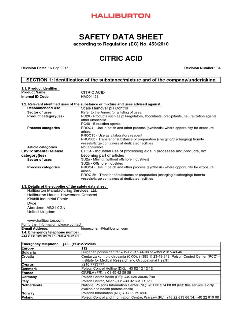 CITRIC ACID MSDS Eng Rev Date 16-09-2015 | PDF | Personal Protective ...