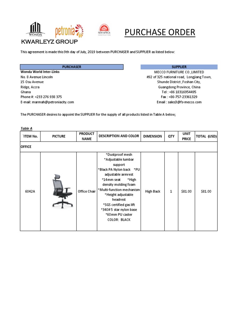 Purchase Order for Office Furniture from Mecco Furniture Co., Limited ...