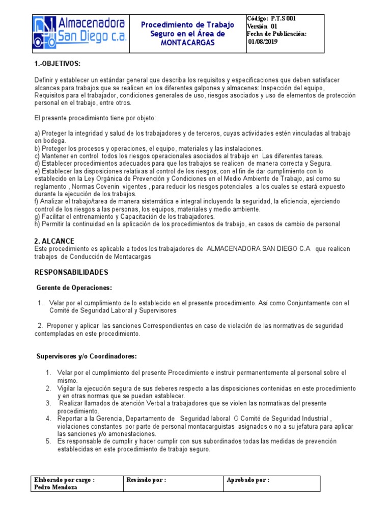 Procedimiento de seguridad para la operación de montacargas en almacenes | PDF | Máquina ...