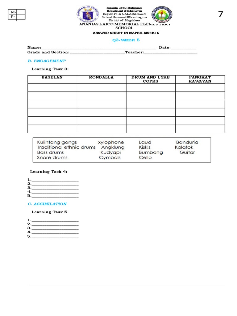 Q3 - Week 5 Answer Sheet Music 6 | PDF