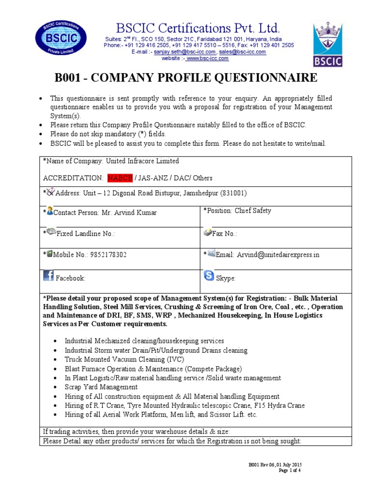 B001 Company Profile Questionnaire Rev 06 With Letter - Head Galaxy ...