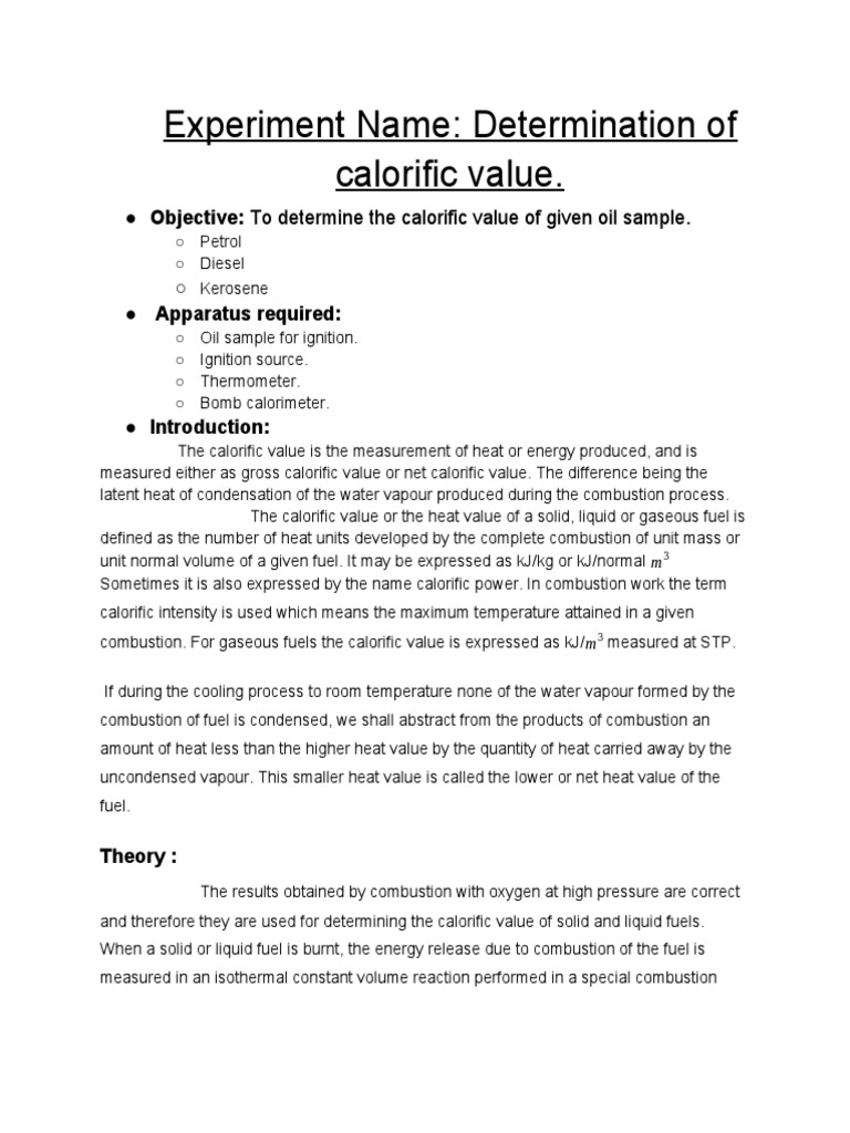 Calorific Value Determination Experiment | PDF | Combustion | Water