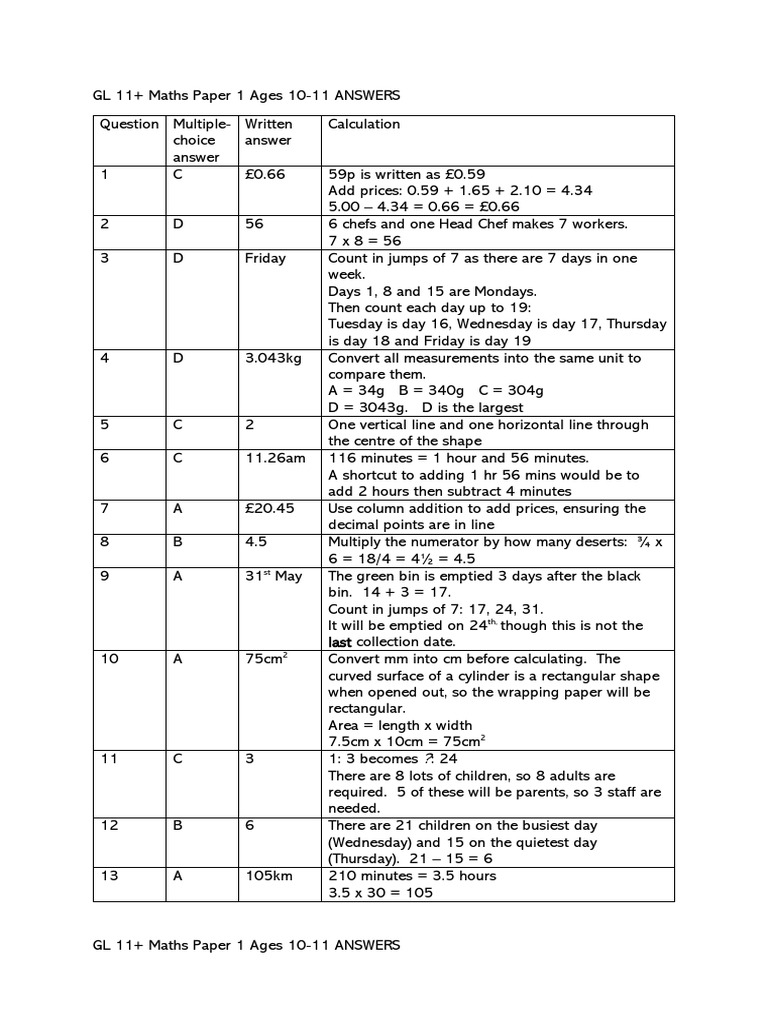 11 Plus GL Assessment Maths Answers | PDF