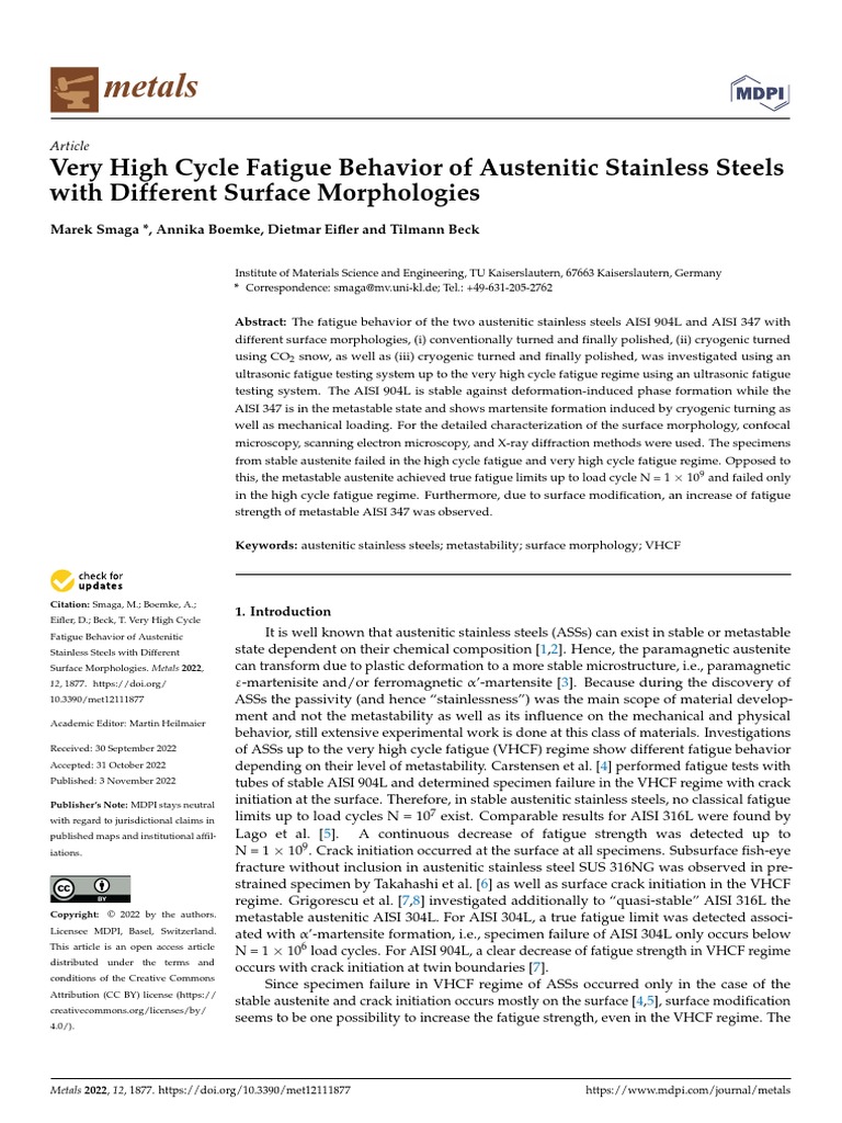 VHCF Behavior of ASS 347, 904L With Different Surface Morphologies ...