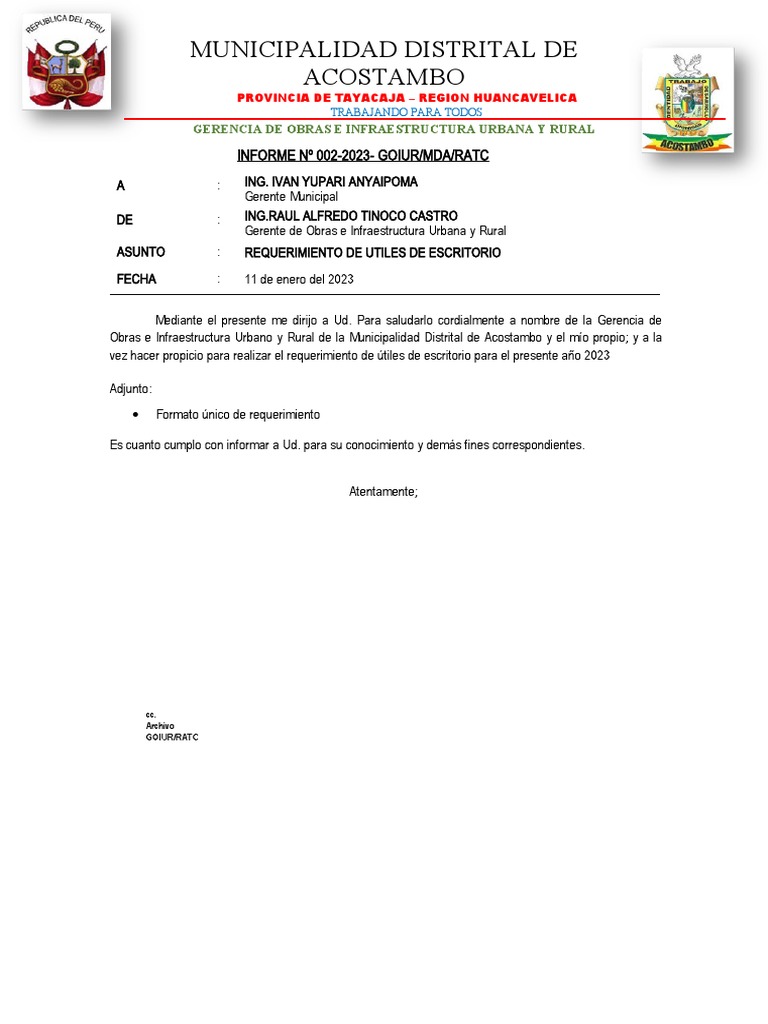 Informe N°002-2023 Requerimiento de Bienes | Descargar gratis PDF | Color | Tinta