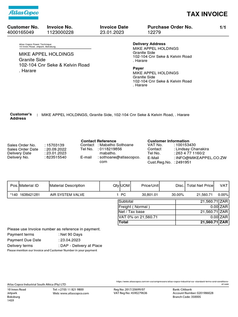 Tax Invoice: Invoice No. Invoice Date 1/1 Customer No. Purchase Order ...