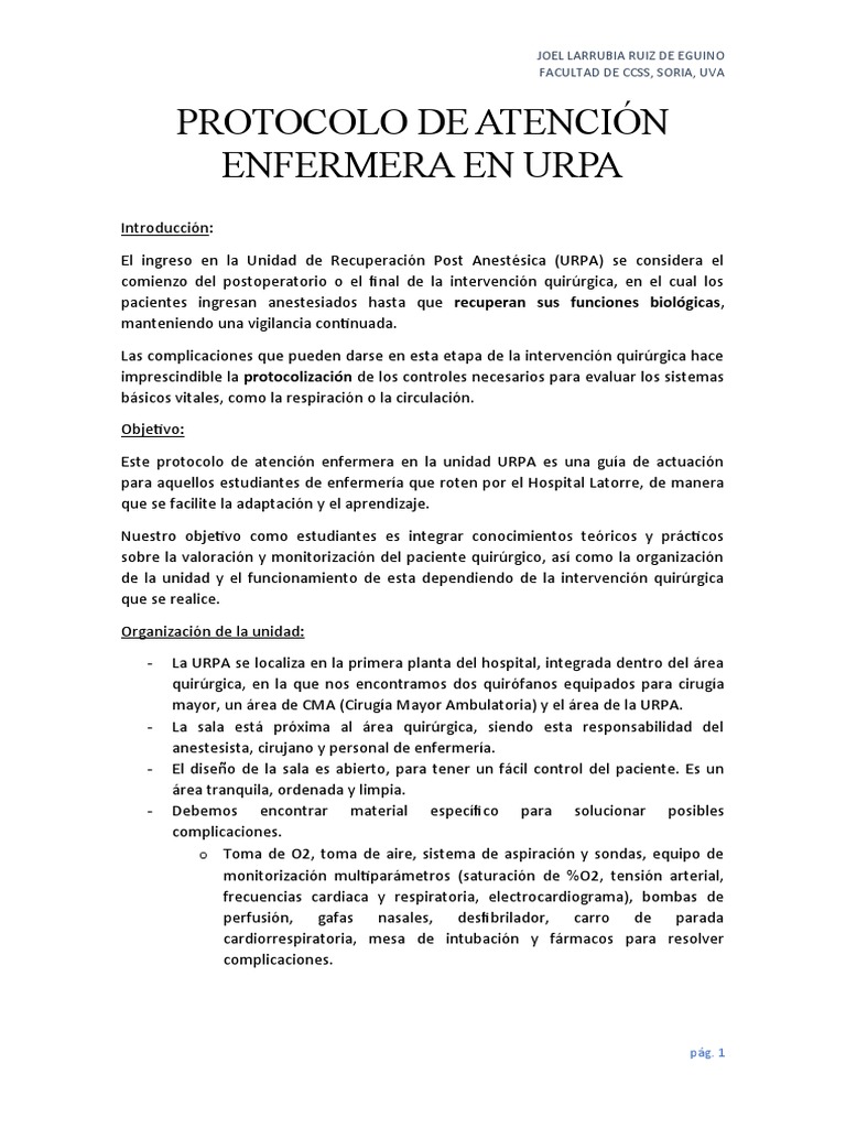 Protocolo de Atención Enfermera en Urpa | PDF | Cirugía | Anestesia