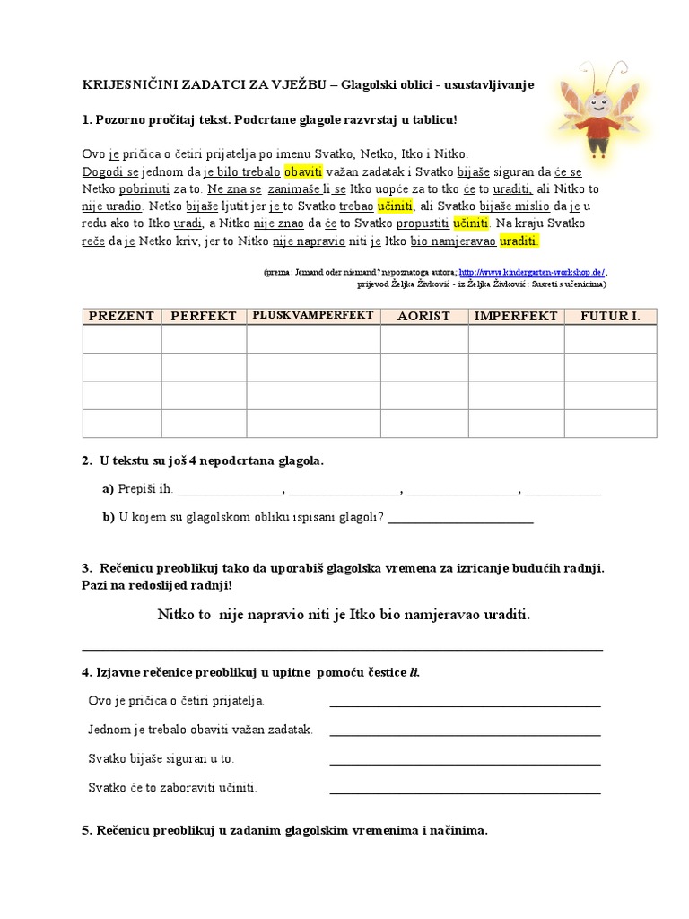 KRIJESNI INI ZADATCI ZA VJE BU - Glagolski Oblici - Usustavljivanje | PDF
