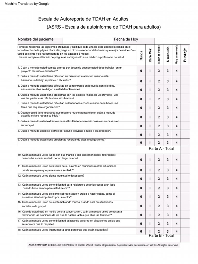 Evaluación de TDAH en Adultos | PDF | Desorden hiperactivo y deficit de atencion | Síntoma