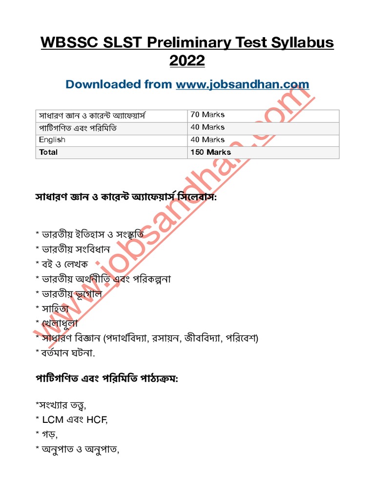 WBSSC SLST PT Syllabus 2022 in Bengali | PDF
