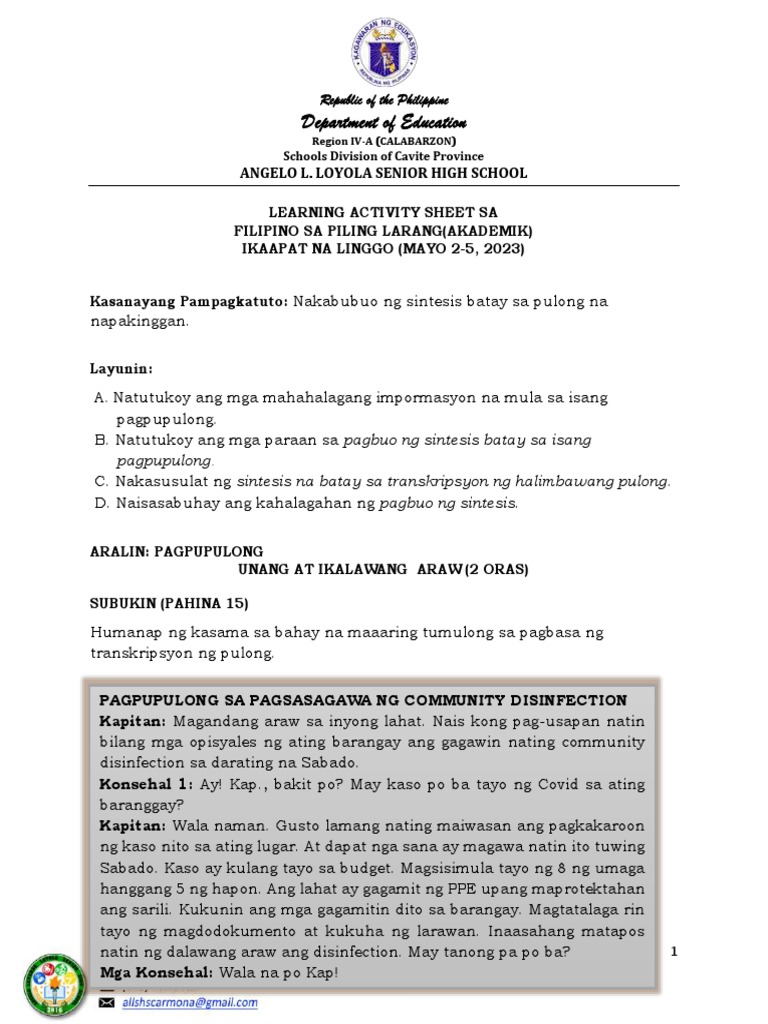LAS fILIPINO-SA-PILING-LARANG WEEK1 Q4 | PDF