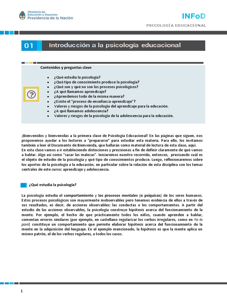INFOD Introduccióna La Psicología Educacional PDF | PDF | Sicología | Aprendizaje