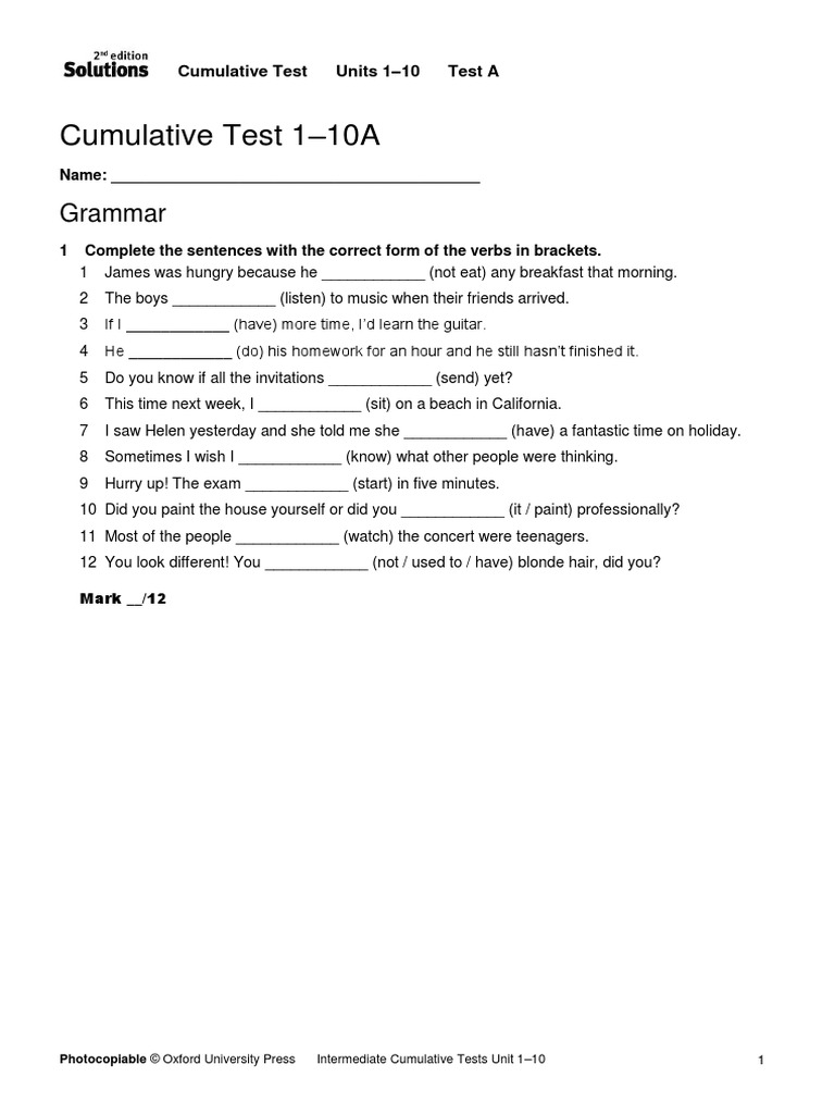 Sol2e Int Cumulative Test A 1-10 | PDF | Breads | Twilight (Meyer Novel)