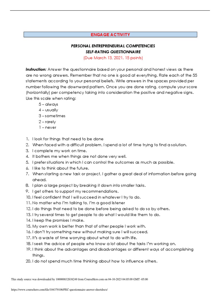 PEC Self-Rating Questionnaire Guide | PDF | Behavioural Sciences ...
