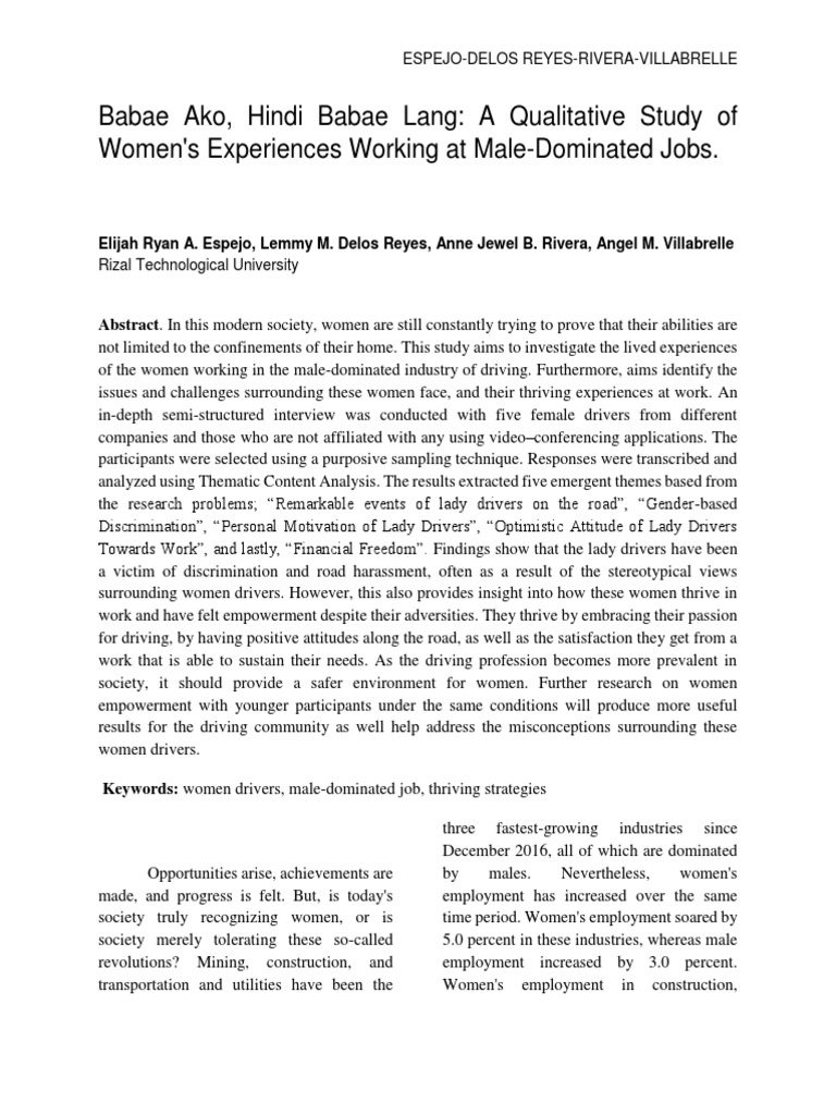 (IMRAD-PDF) Babae Ako Hindi Babae Lang A Qualitative Study of Womens Experiences Working at Male ...