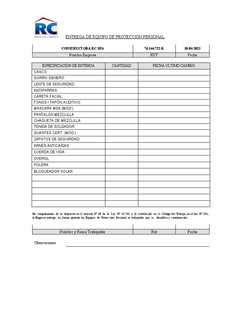 Formulario Entrega EPP 11-04-2023 | PDF