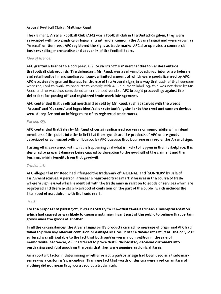 Arsenal FC v. Reed Case Summary | PDF | Trademark | License