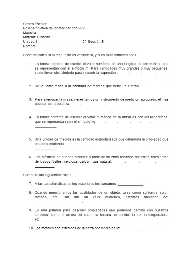 Ciencias examen de unidad 2° | PDF