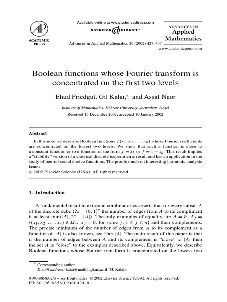 2002 Boolean Functions Whose Fourier Transform Is Concentrated On The First Two Levels Pdf Pdf