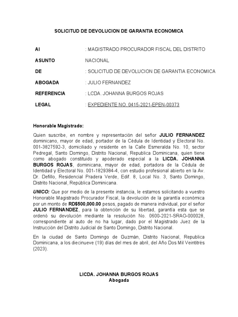 SOLICITUD DE DEVOLUCION DE GARANTIA ECONOMICA (lista).docx | PDF