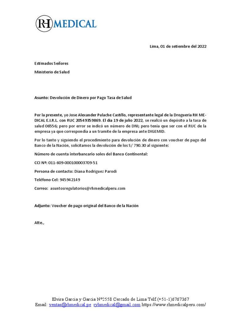 Carta Devolucion Dinero Minsa | PDF