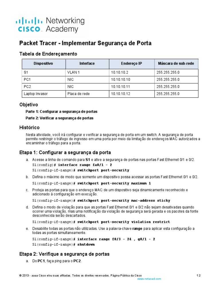 11 1 10 Packet Tracer Implement Port Security Pt Br Pdf Pdf Ethernet Comutador De Rede