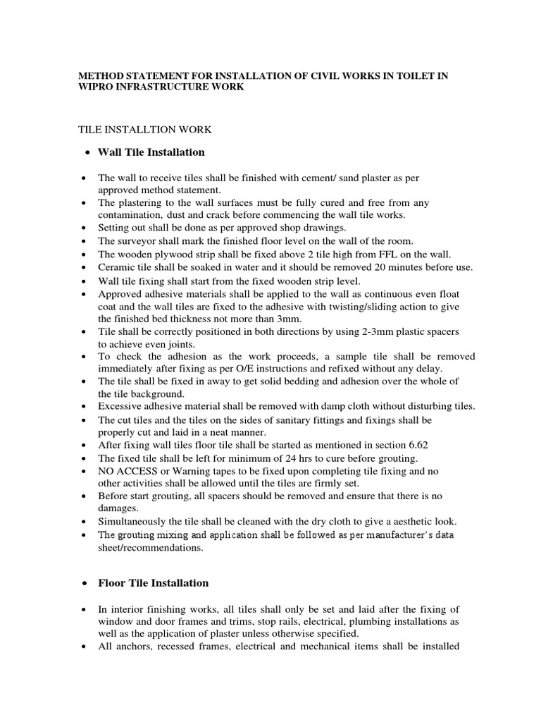 Method Statement For Installation of Civil Works in Toilet in Wipro ...