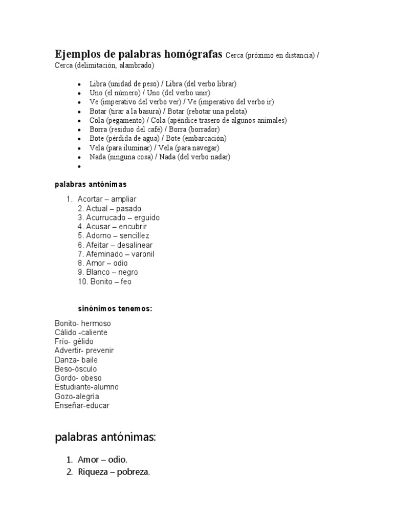 Ejemplos de Palabras Homógrafas | PDF | Artes del Lenguaje y Comunicación