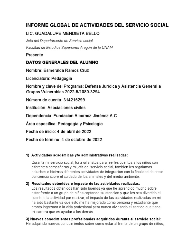 Informe Global de Servicio Social | PDF | Ciencias sociales