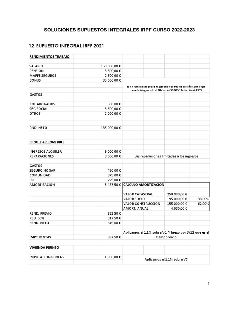 Ejercicios IRPF (SOLUCIONES-SUPUESTOS INTEGRALES) .Curso 2022-2023 | PDF | Compartir (Finanzas ...