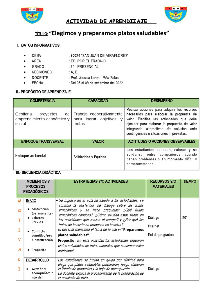 Actividad de Aprendizaje EPT 3° - PRESENCIAL | PDF | Evaluación ...