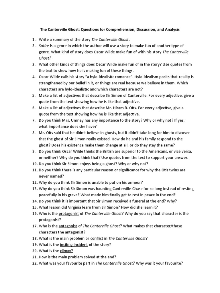 Ghost?: The Canterville Ghost: Questions For Comprehension, Discussion ...