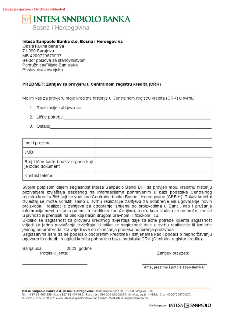Intesa Sanpaolo Banka D.D. Bosna I Hercegovina: PREDMET: Zahtjev Za ...
