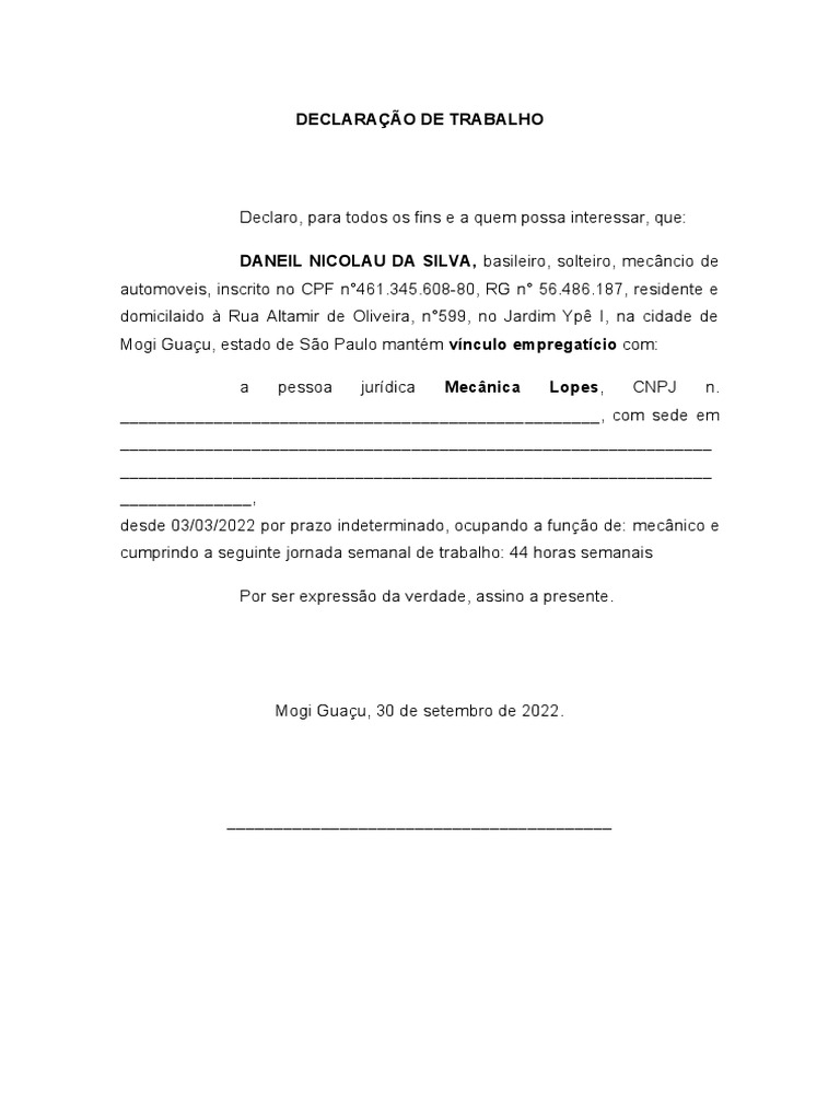 Modelo Declaracao Trabalho | PDF | Finanças e Administração de Capital