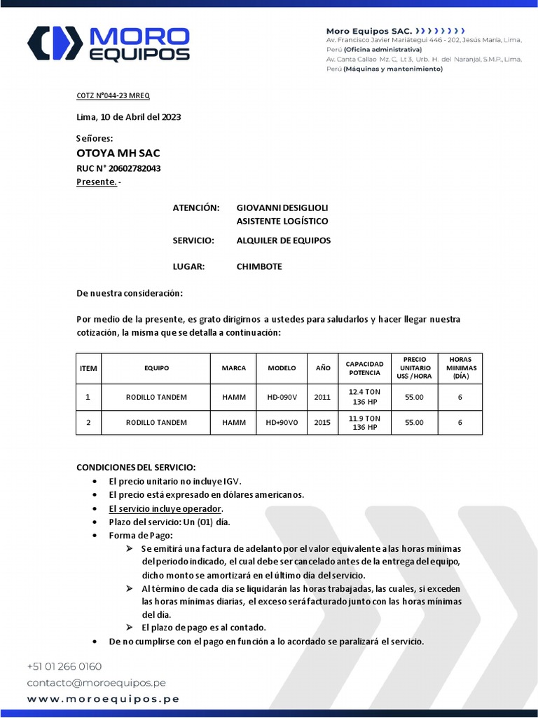 Rodillo Tandem COTZ N°044-23MREQ OTOYA MH SAC | PDF
