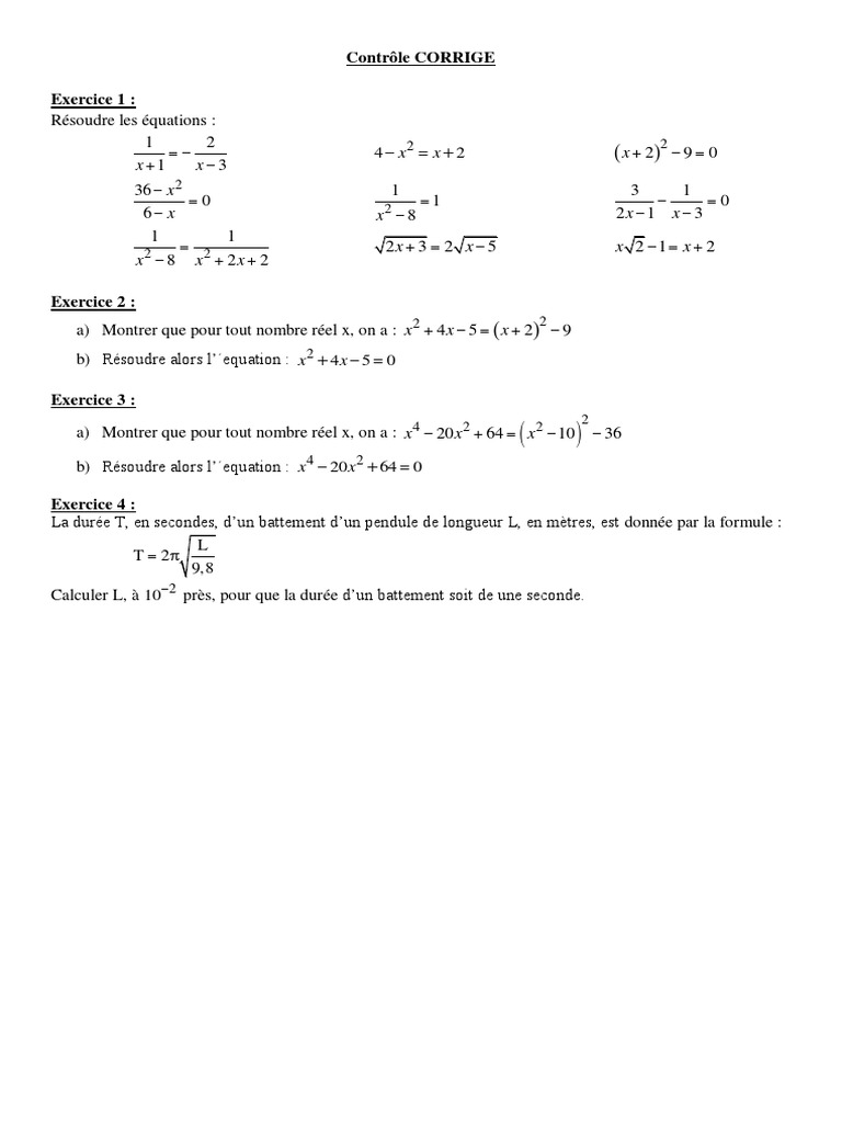 Contrôle de maths : Équations et fonctions | PDF | Mathématiques ...