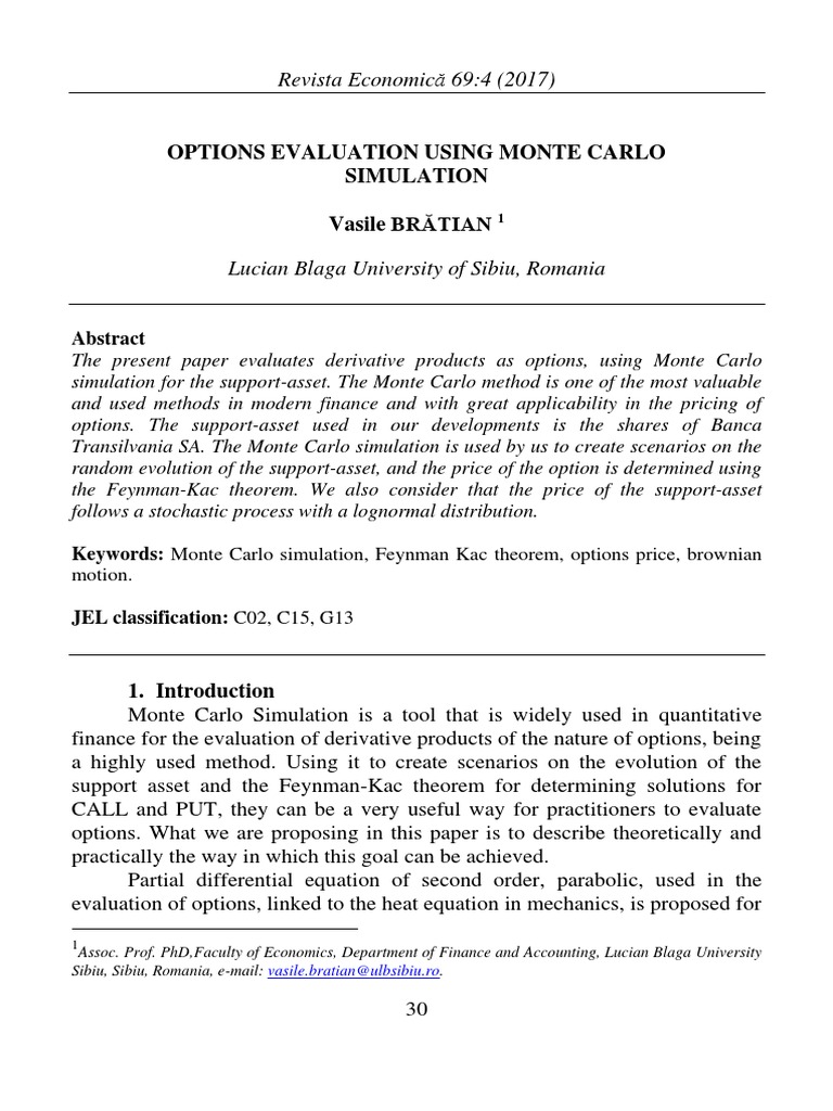 Options Evaluation Using Monte Carlo Simulation Vasile BRĂTIAN | PDF ...