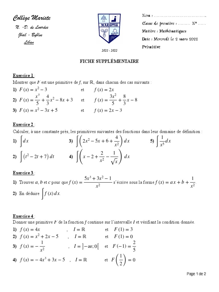 Exercices de Primitives Corrigés | PDF | Intégral | Calcul