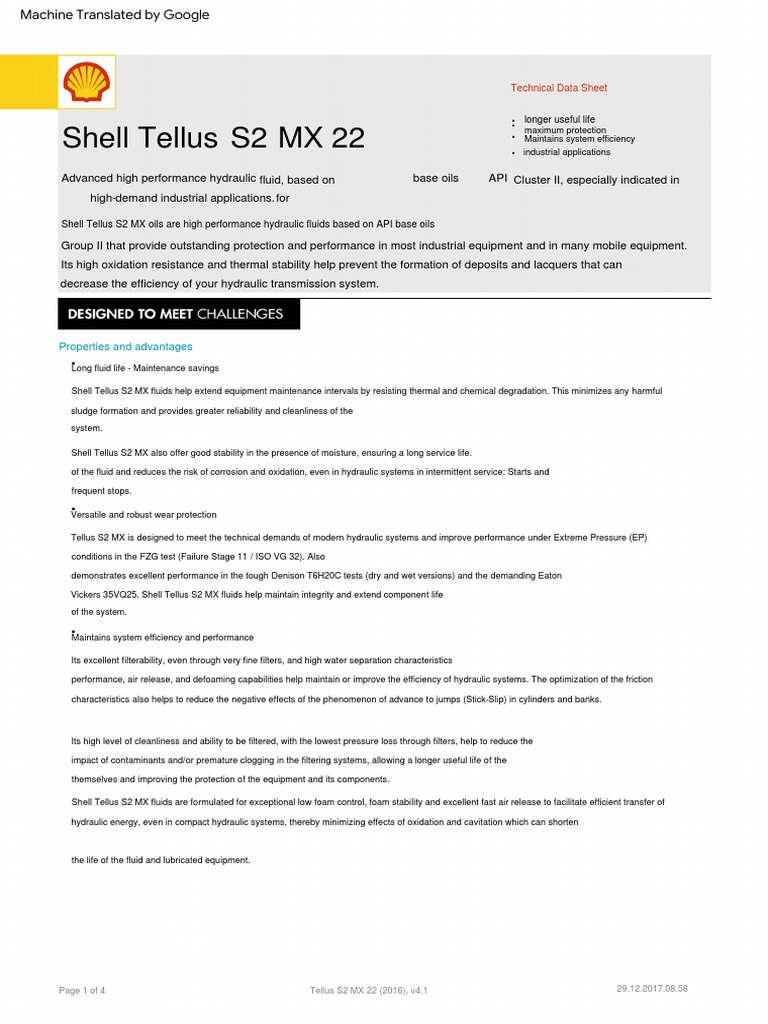 Shell Tellus S2 MX 22 Specifications | PDF | Viscosity | Physical Sciences