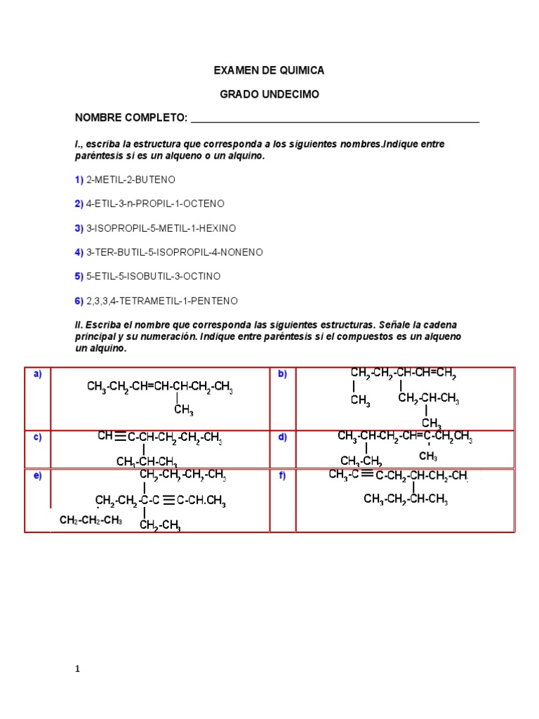 EXAMEN 2 QUIMICA 11 Alquenos y Alquino | PDF