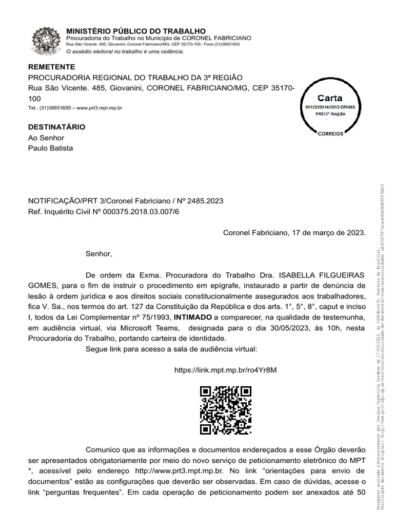 Notificação De Testemunha 2485 2023 Pdf Promotor Justiça