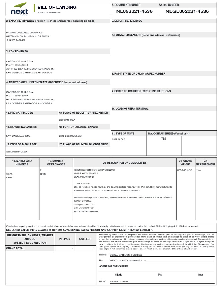 Billoflanding NL052021-4536 | PDF | Cargo | Bill Of Lading