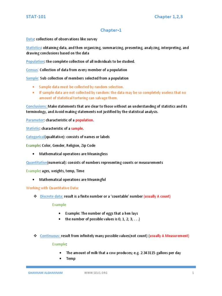 STAT-101-Chapter 1,2,3 by Ghannam | PDF | Standard Deviation | Quartile