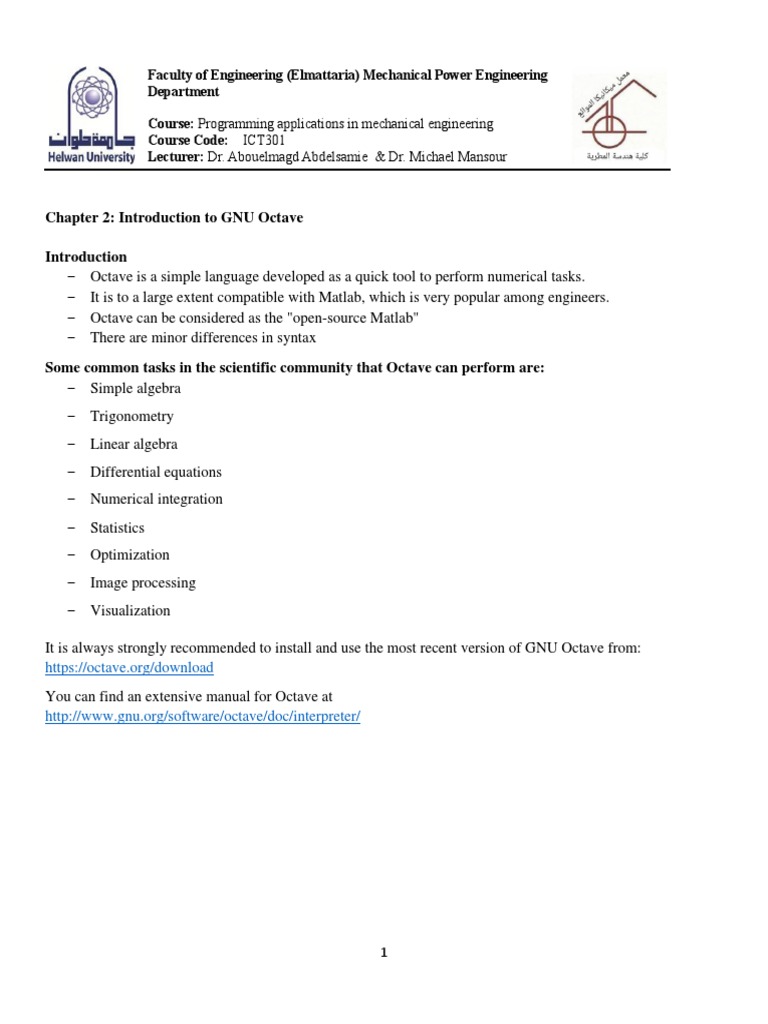 Introduction to GNU Octave for Mechanical Engineers | PDF | Matrix (Mathematics) | Numbers